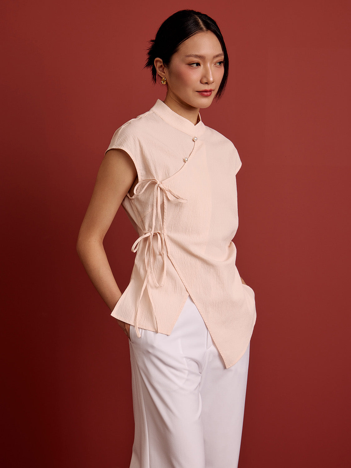 Mandarin Collar Cross Ribbon Top – goodaddition