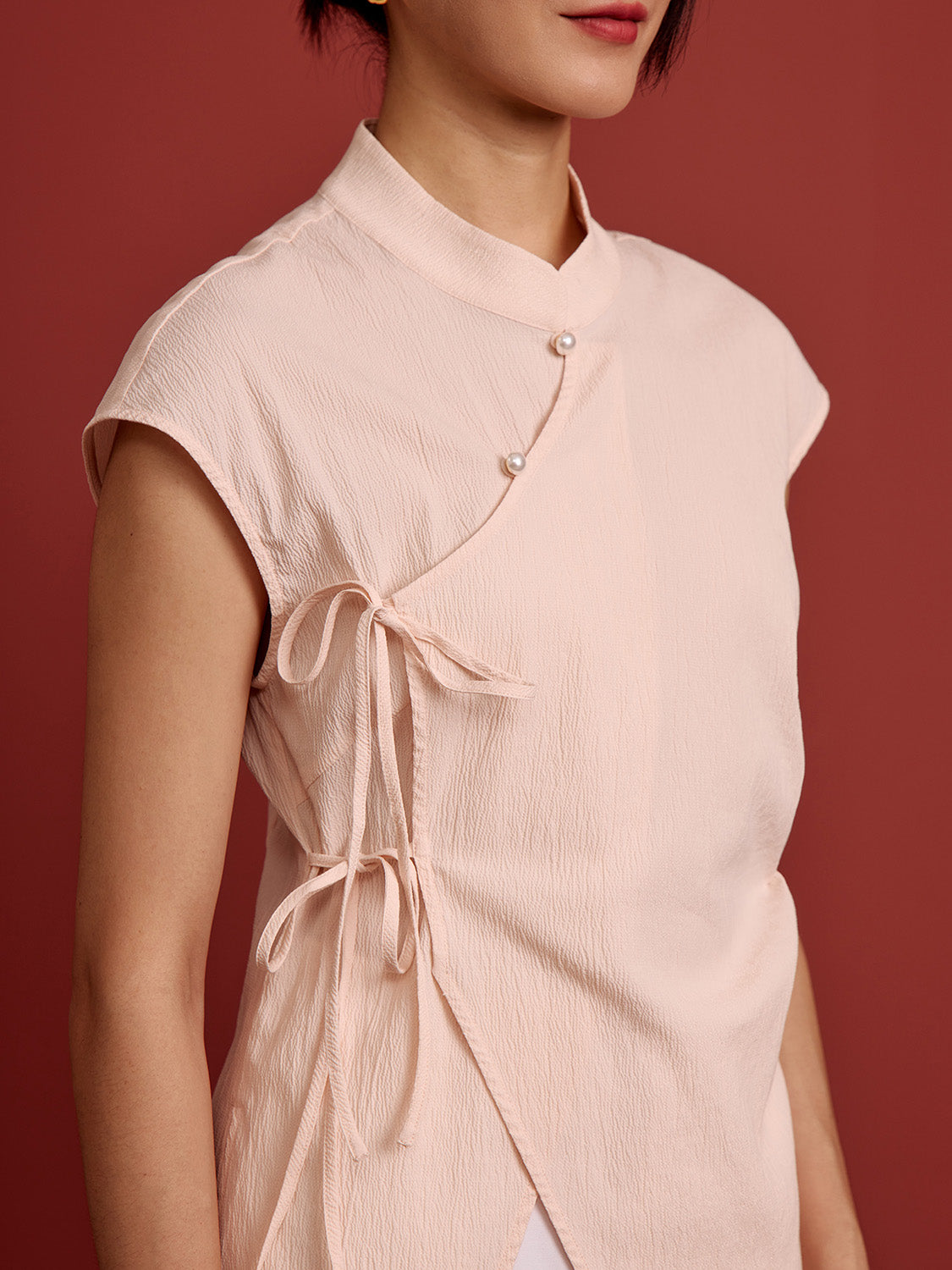 Mandarin Collar Cross Ribbon Top – goodaddition